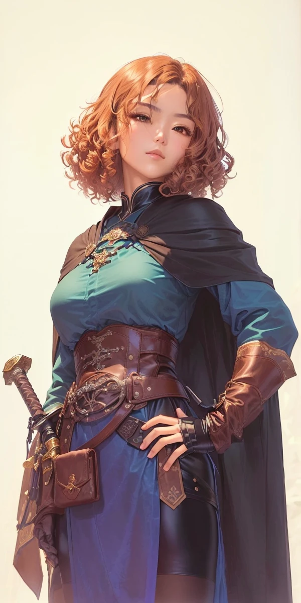 Petite, curly hair, teal top, black robe, leather gloves, brown bands ...