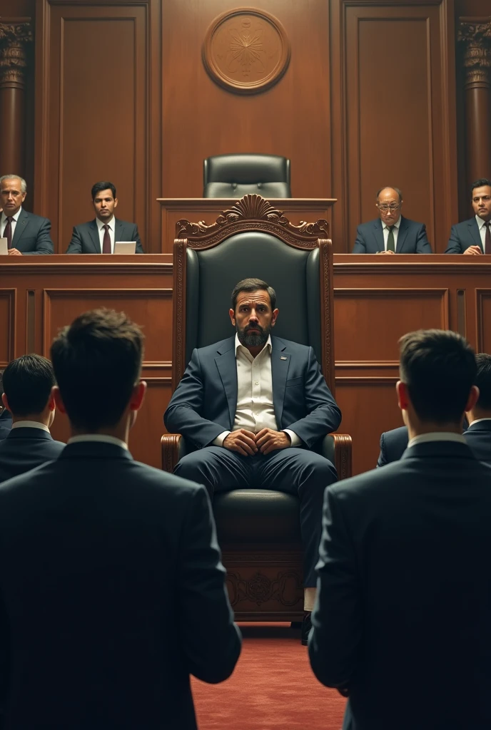Afraid Man sitting on high chair, surrounded by advocates lawyers in ...