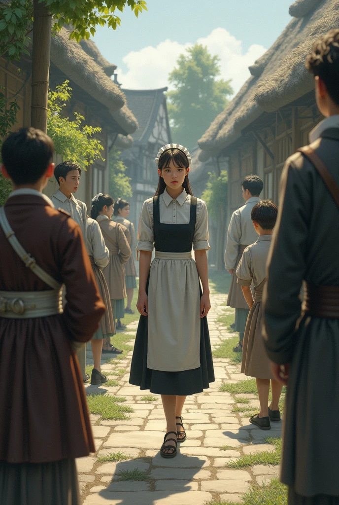 The maid walks along a path in a village, while the people who cross it ...