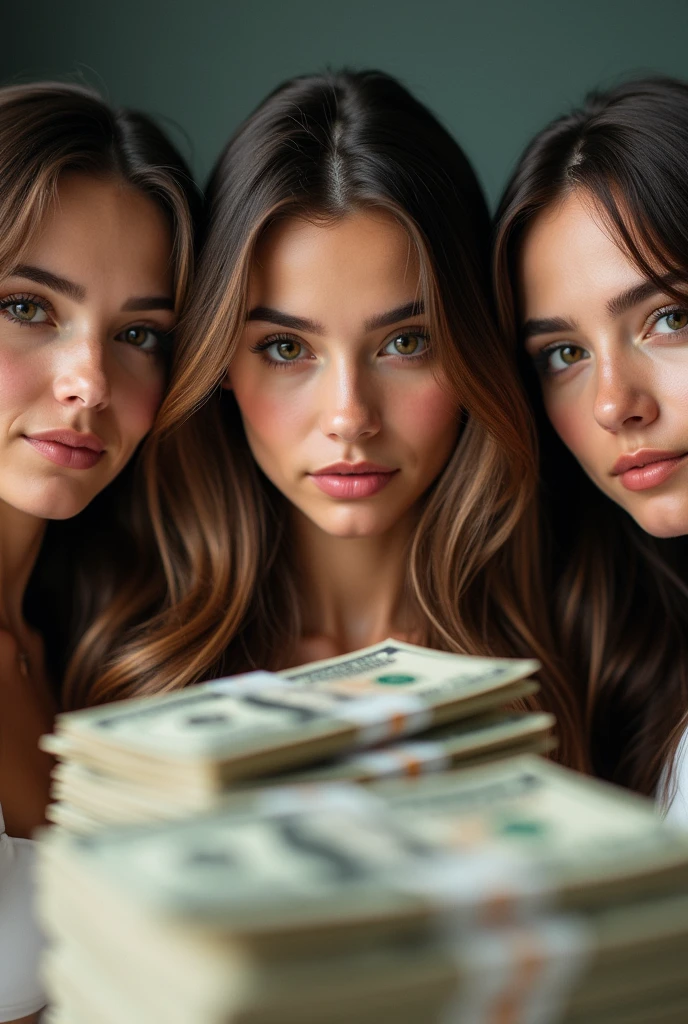 Four women in their twenties with beautiful hair and stacks of bills ...
