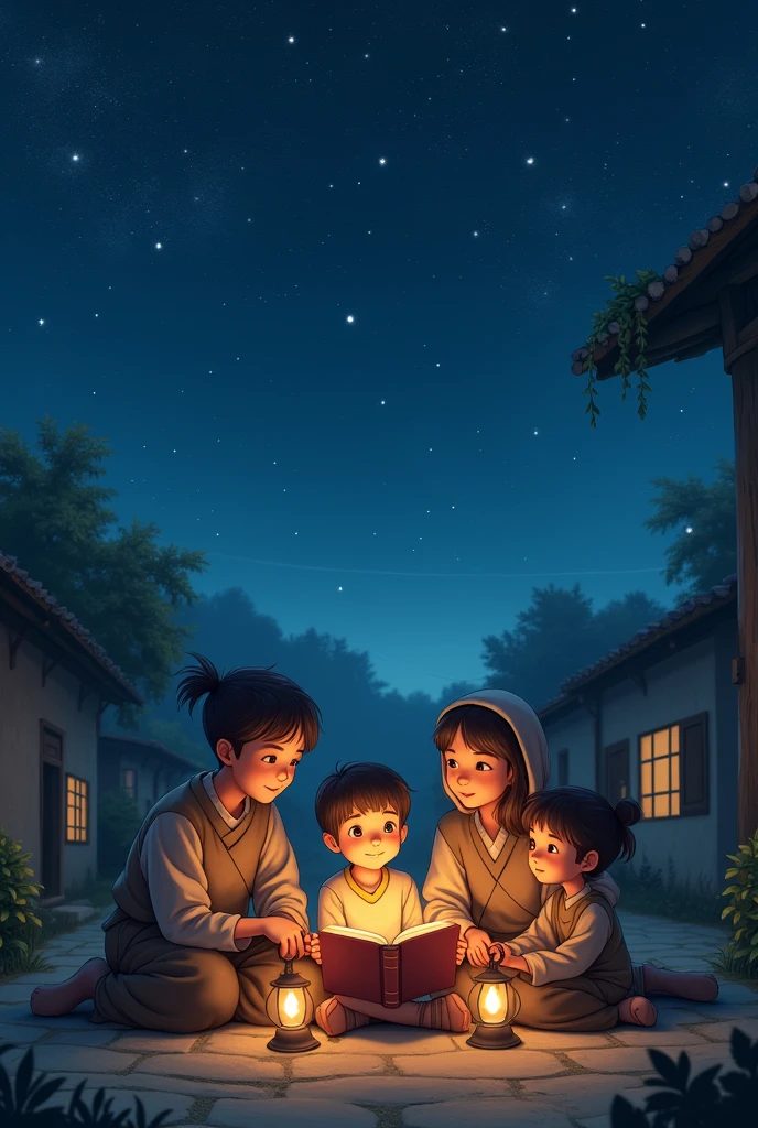 . 8. **Village Scene**: Village children and their families, sitting ...