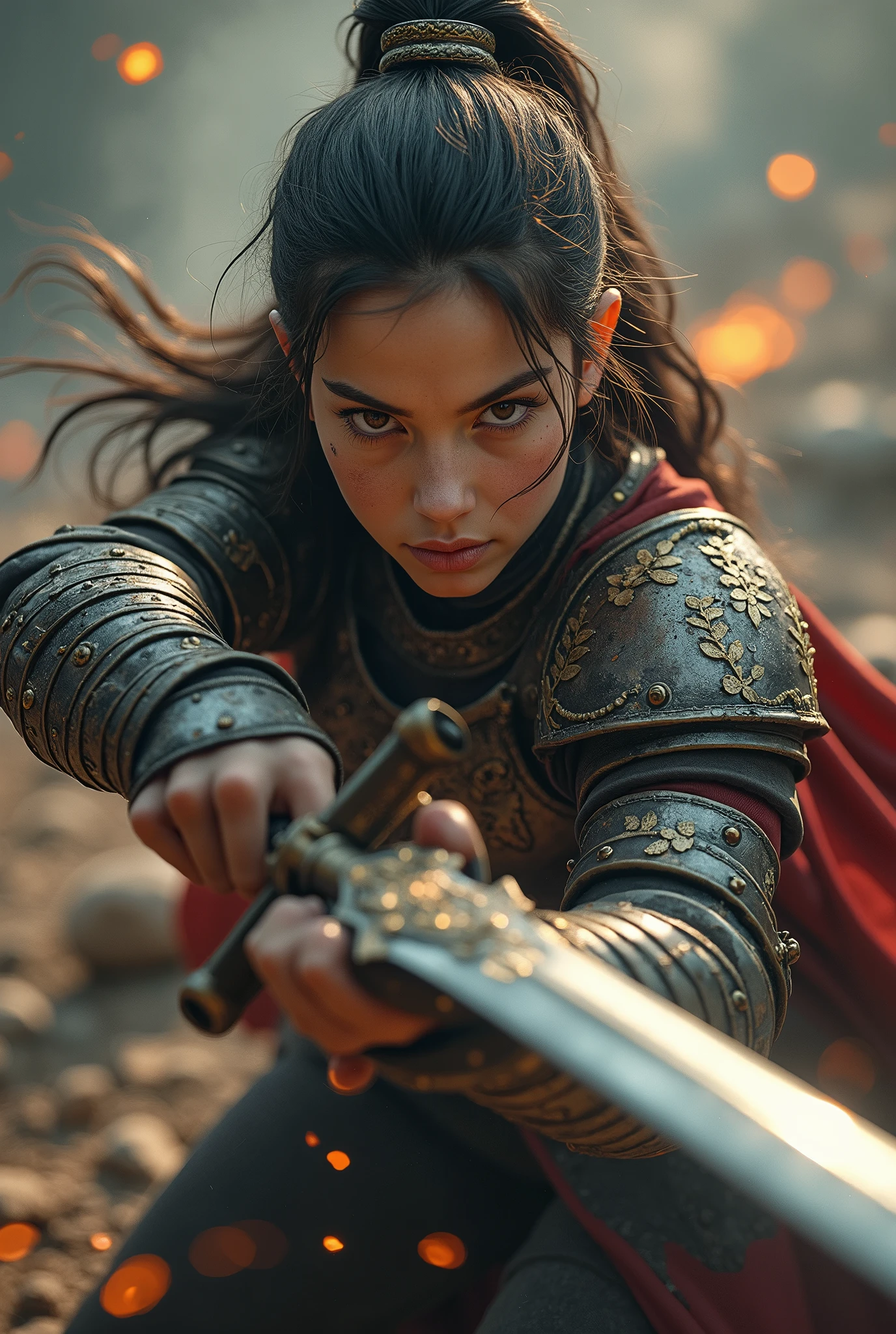 Arafed woman in armor holding a sword in a field - SeaArt AI