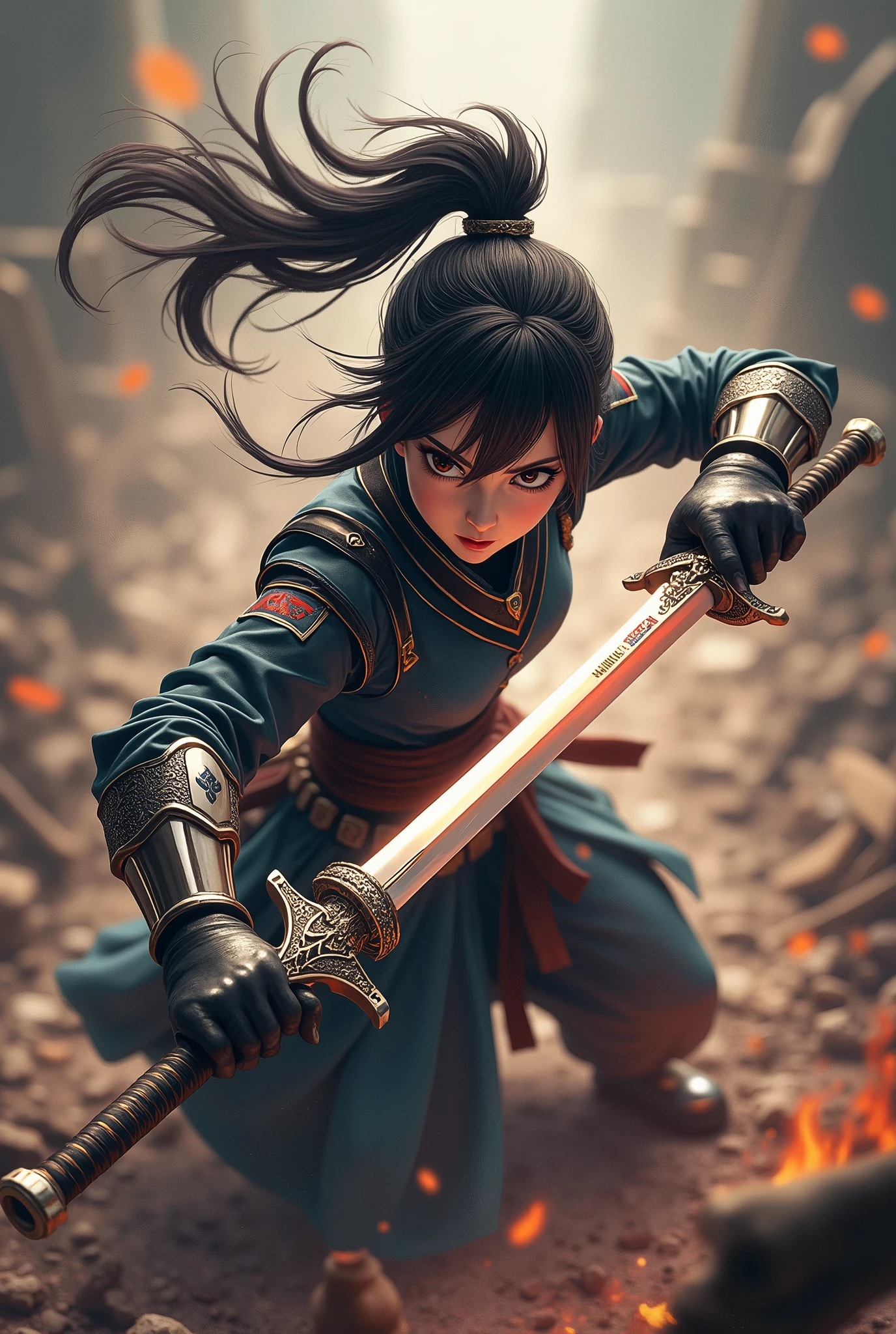Anime girl with sword in the woods with fire - SeaArt AI
