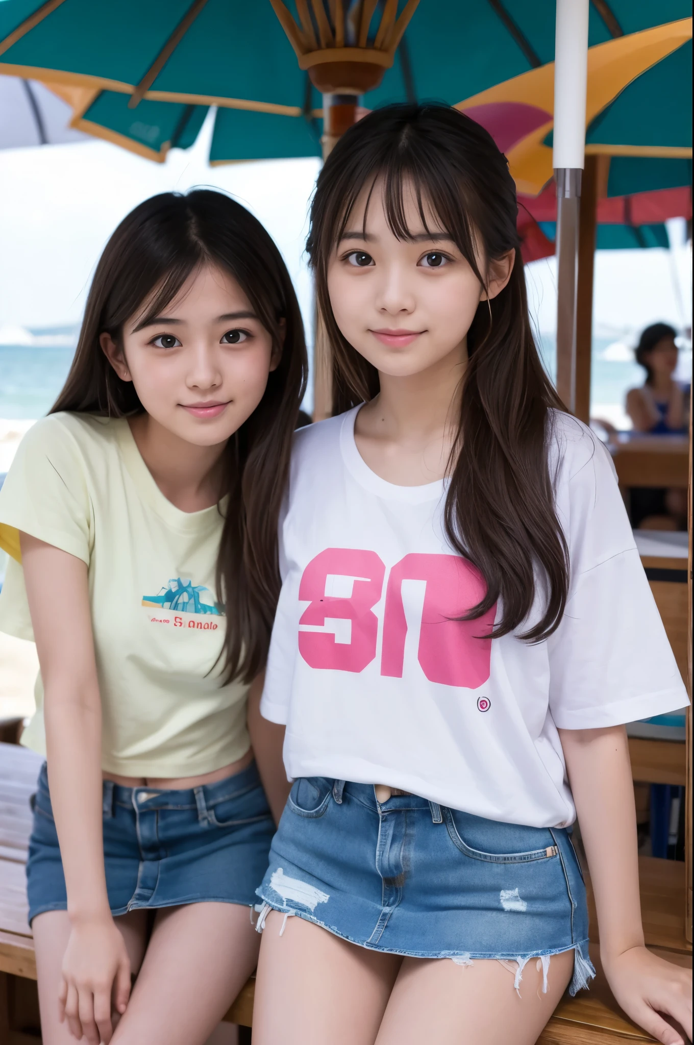 Two asian women sitting on a bench under an umbrella - SeaArt AI
