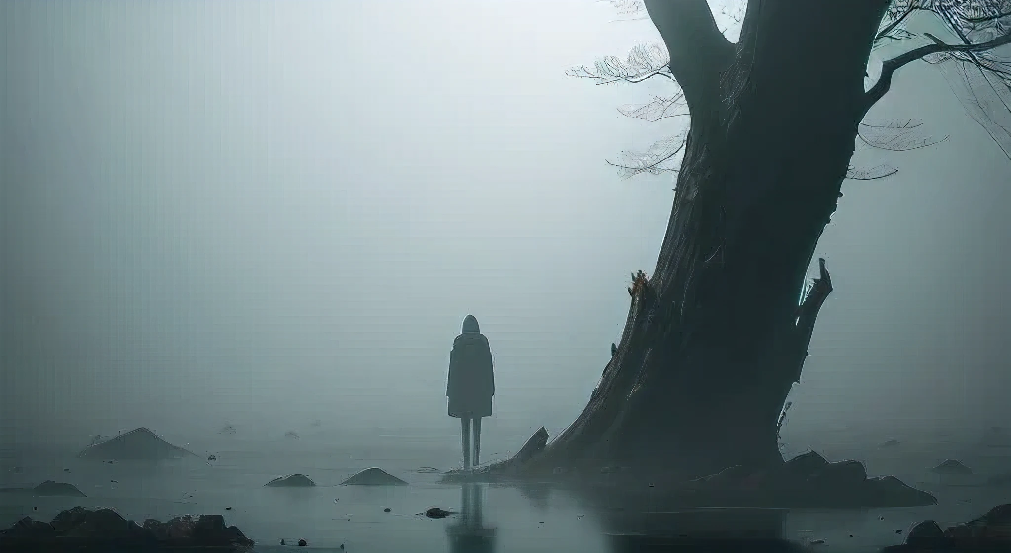Arafed person standing in the fog by a tree - SeaArt AI