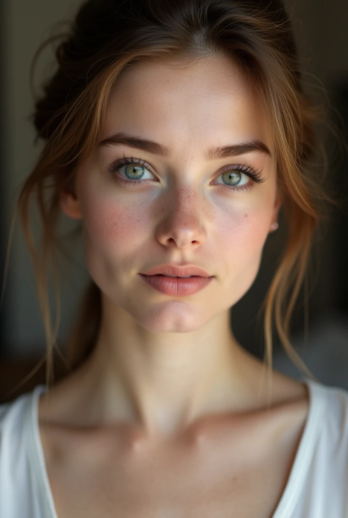 Generates a frontal portrait of a Swiss woman, tender, very white ...