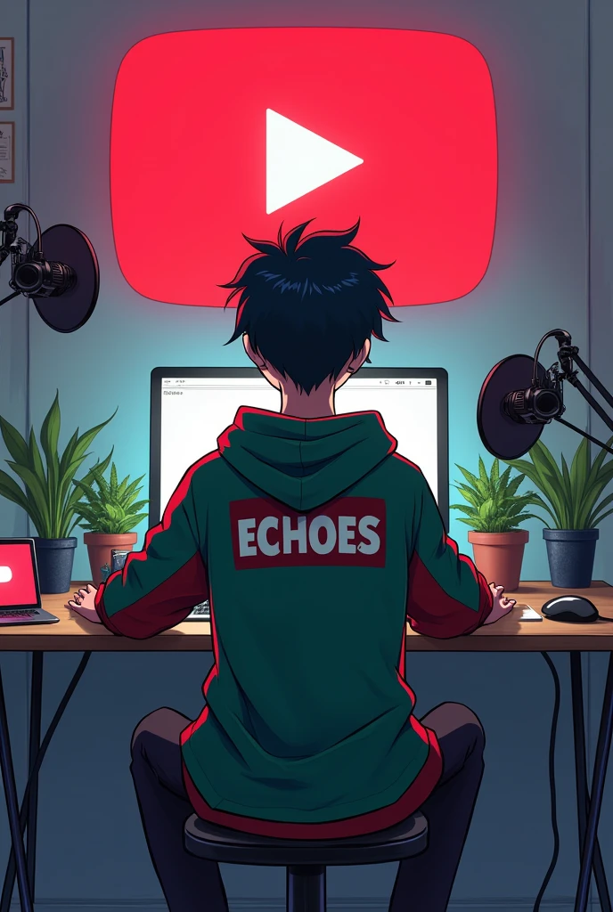 Create a image of "A 18 years anime boy sitting in front of a computer ...