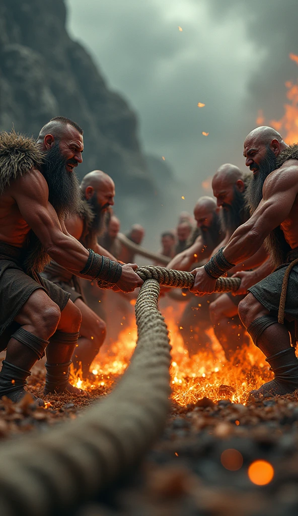 A dramatic mid-action shot of two Viking teams, with fierce expressions ...