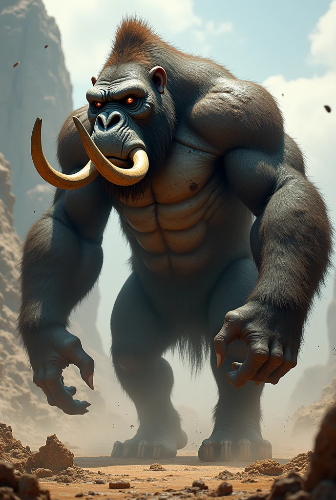 An animal with a huge muscular gorilla body and huge tusks, with ...