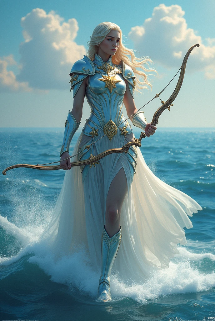 A goddess of the sea, with a bow and shining armor with a star emblem ...