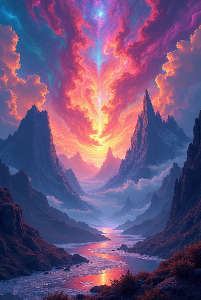 Colorful psychedelic sky and mountains view - SeaArt AI