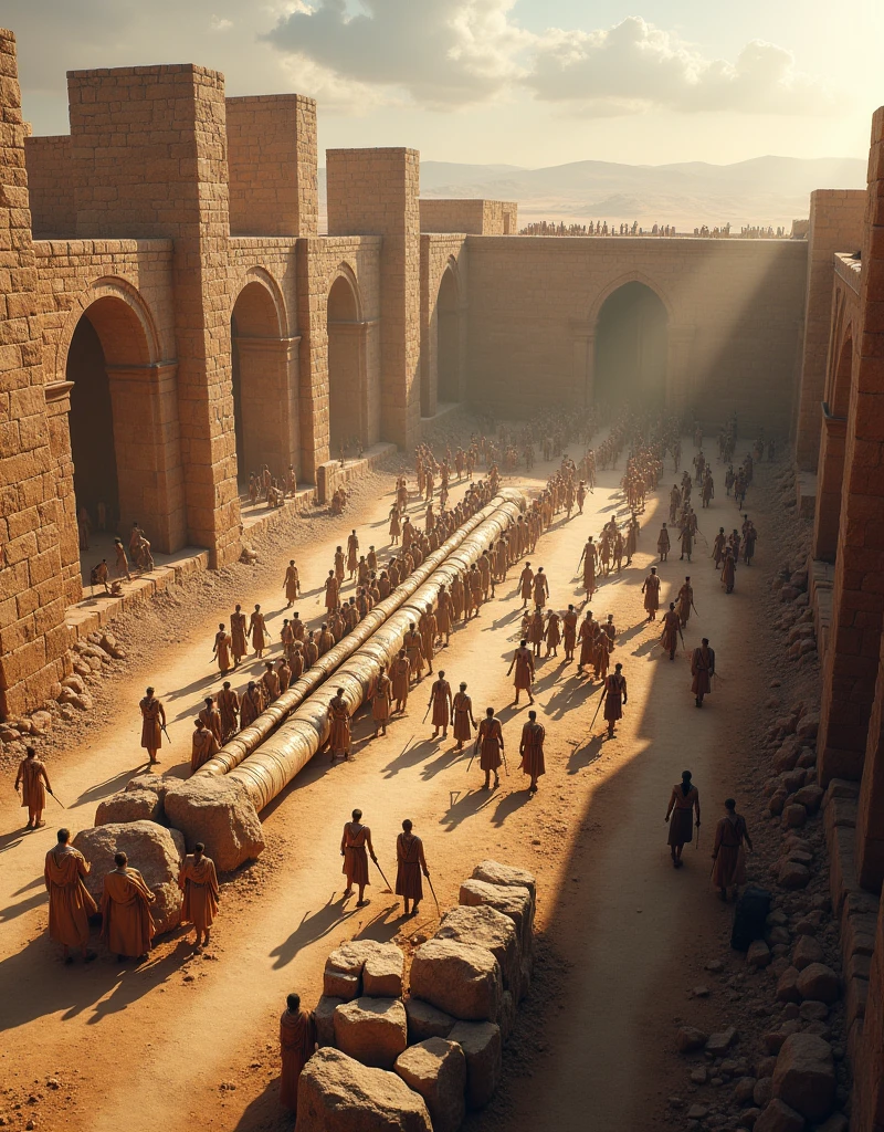 Ancient scenes, manpower building huge structures, quarried rocks ...