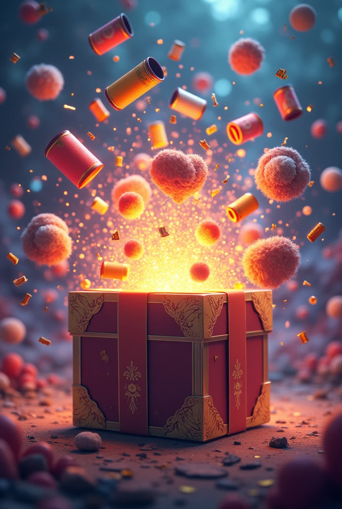 A gift box that explodes and some product jump out of box - SeaArt AI