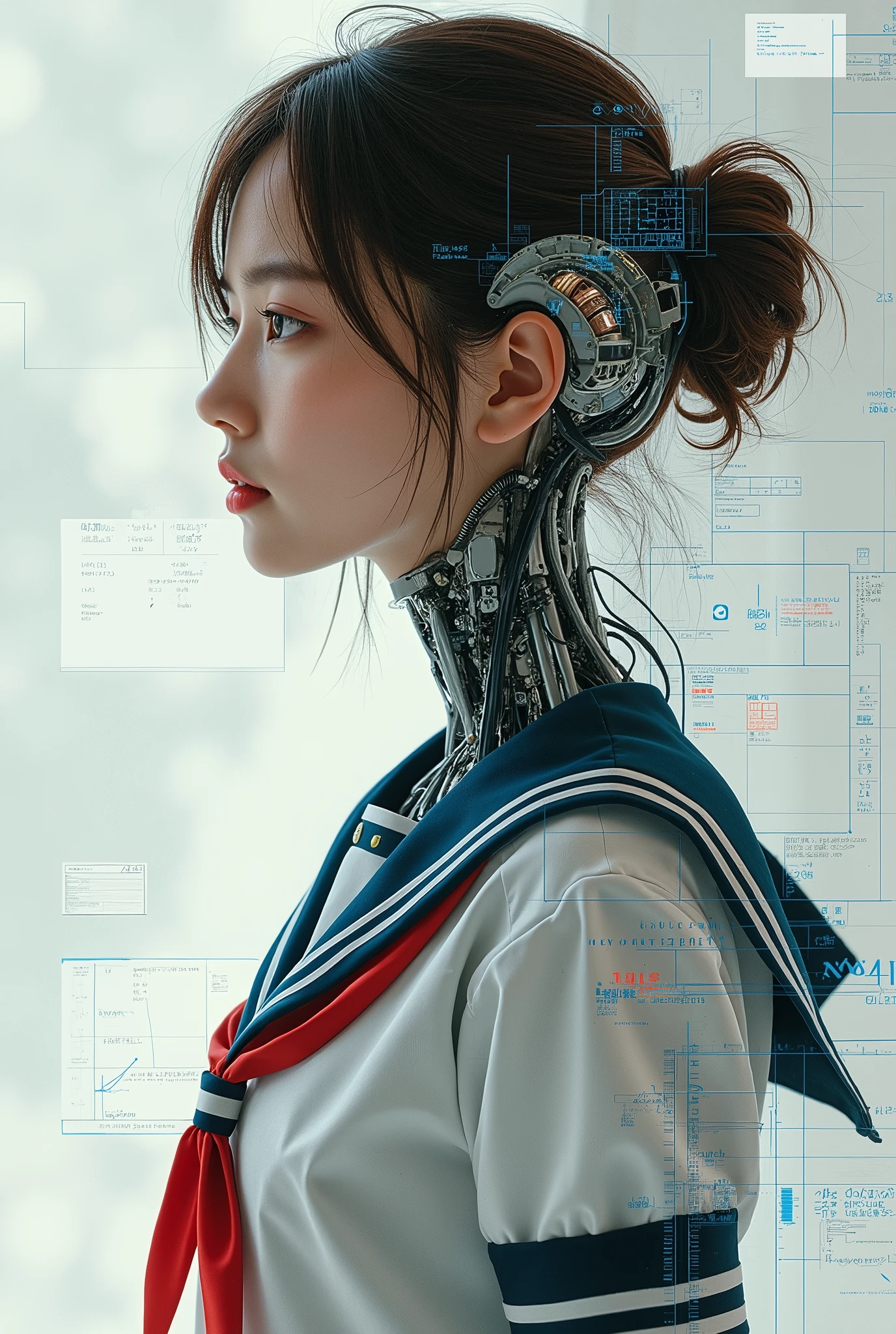 There is a woman with a robot head and a red tie - SeaArt AI