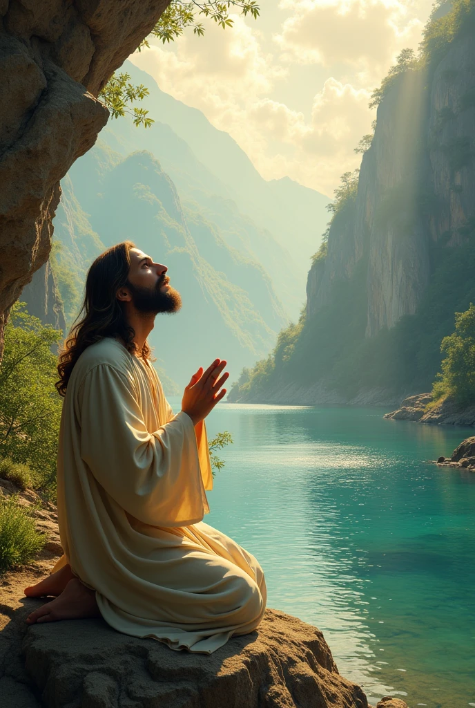 Jesus Christ praying in an extremely beautiful place - SeaArt AI