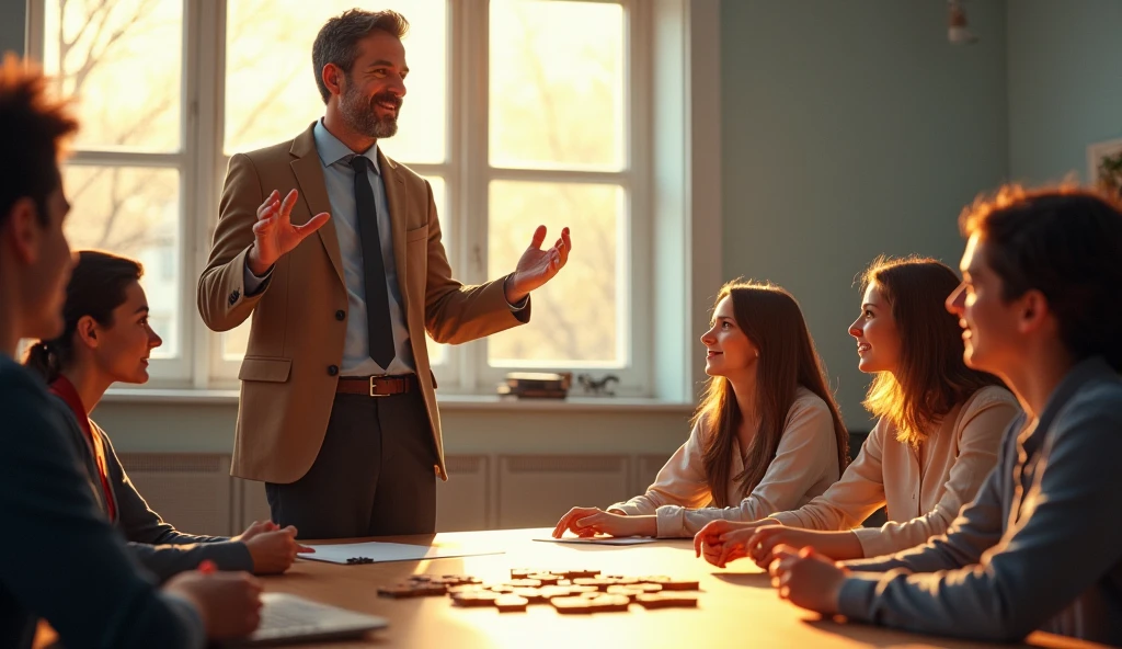 **Prompt:** "A charismatic professor is standing at the front of a ...