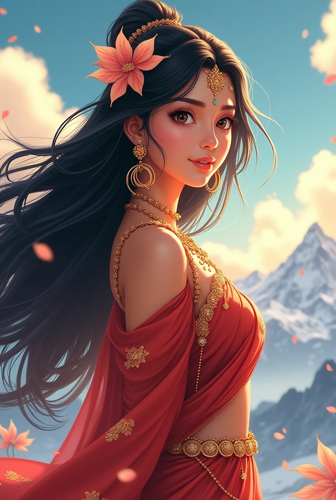 High quality anime potrait of Parvati hindu deity, Mount Kailash ...
