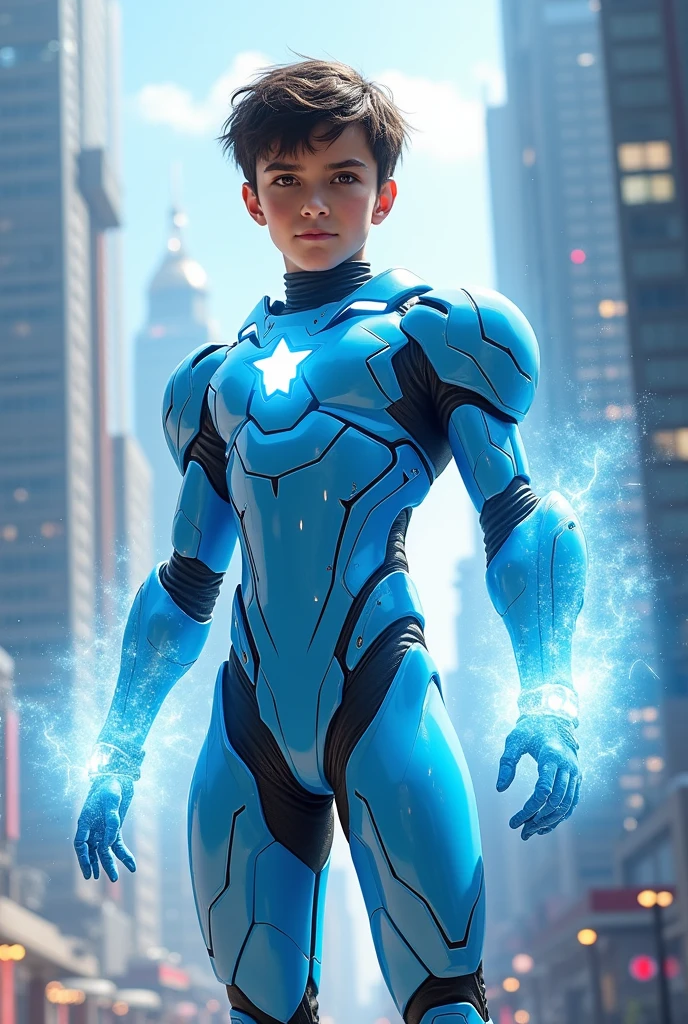 A genius teenage boy who wears light blue iron armor that can fly and ...