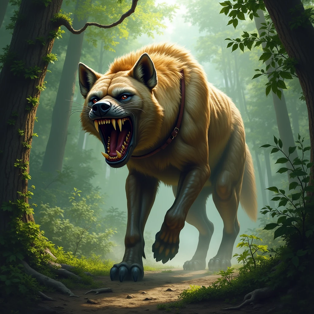 Show a huge hyena in a forest with its mouth open in anger - SeaArt AI