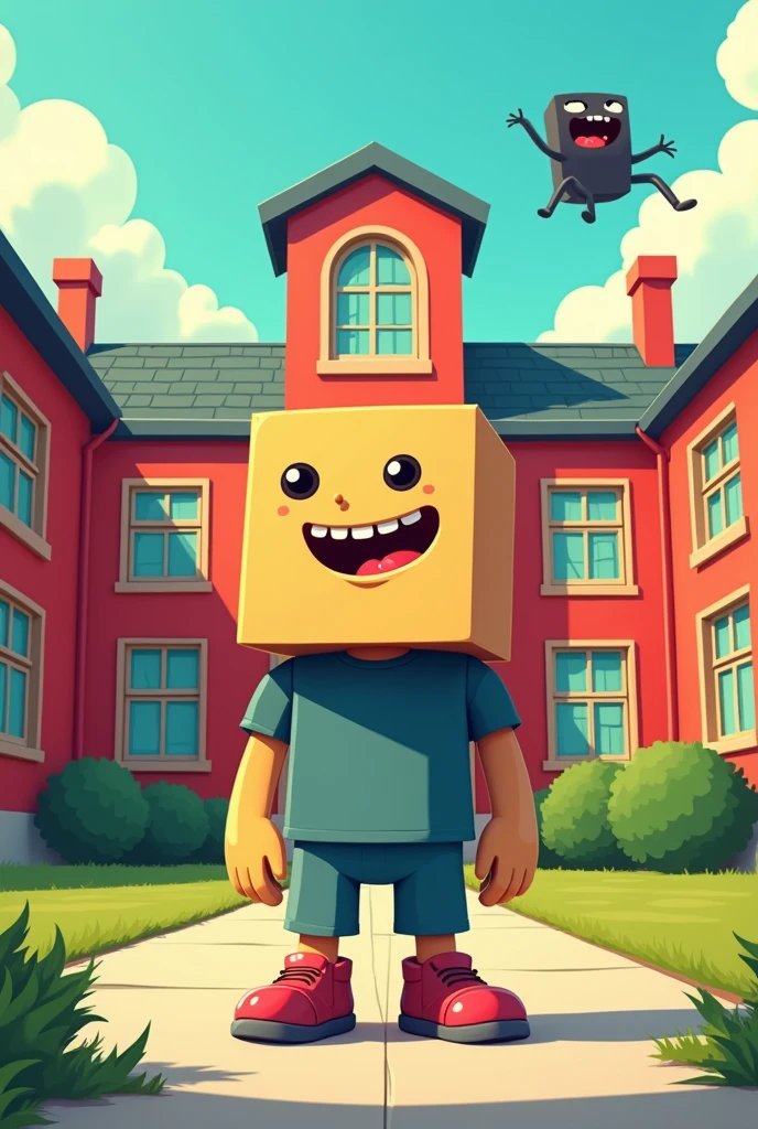 Ek cartoon boxy type ka character Ho Jo ki ek cartoon school ke gate ke samne k - SeaArt AI