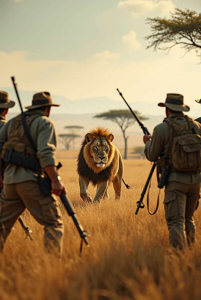 A group of hunters corner a small lion in the African savannah - SeaArt AI