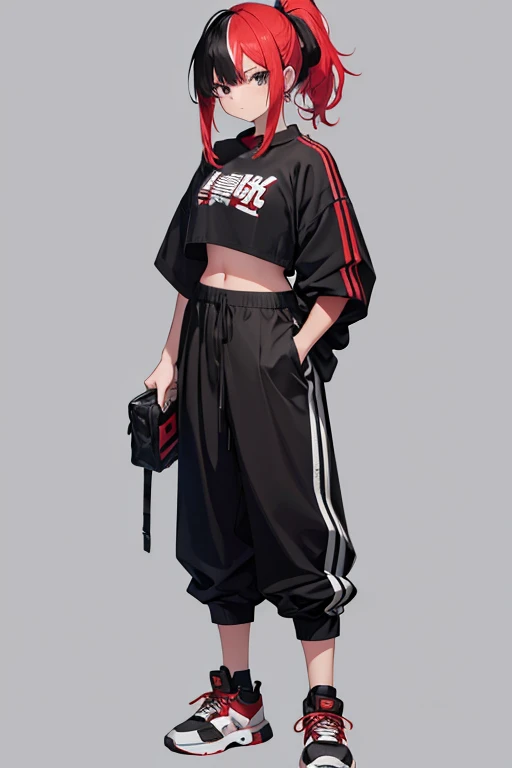 Girl with two-tone hair, red, black, ponytail, full bangs, Crop top ...
