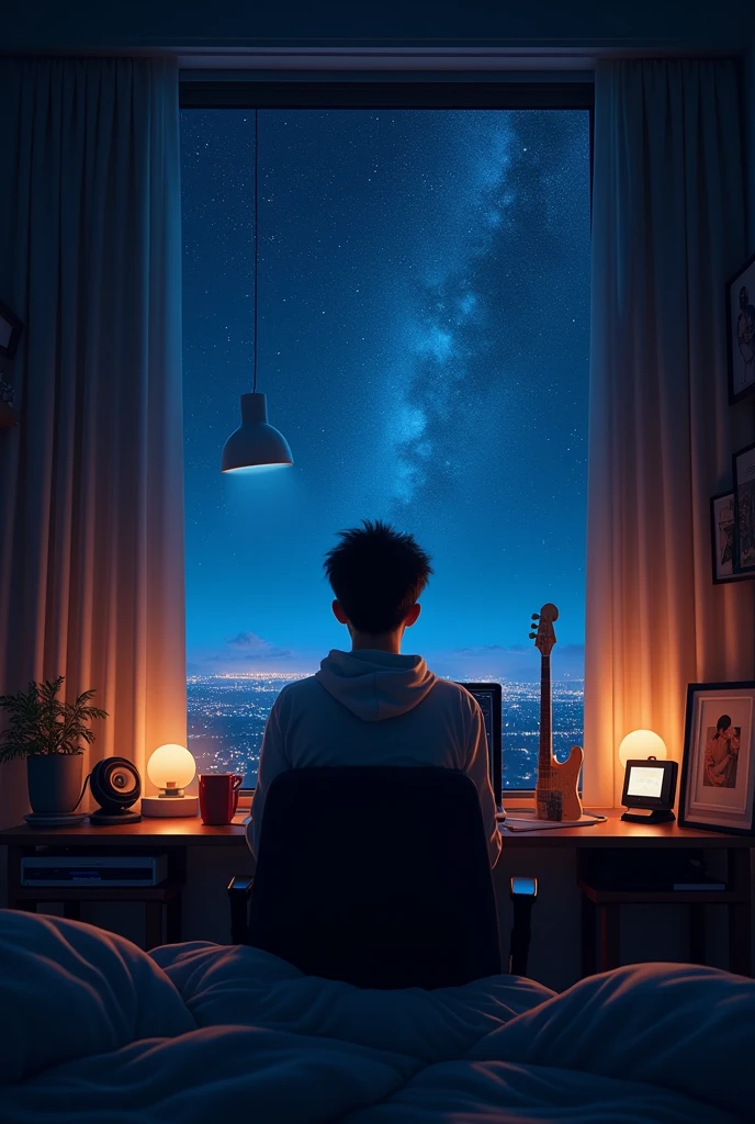 Alone boy 20 yers old home studio mak music leptop brekgrnd sky viw let night wi - SeaArt AI