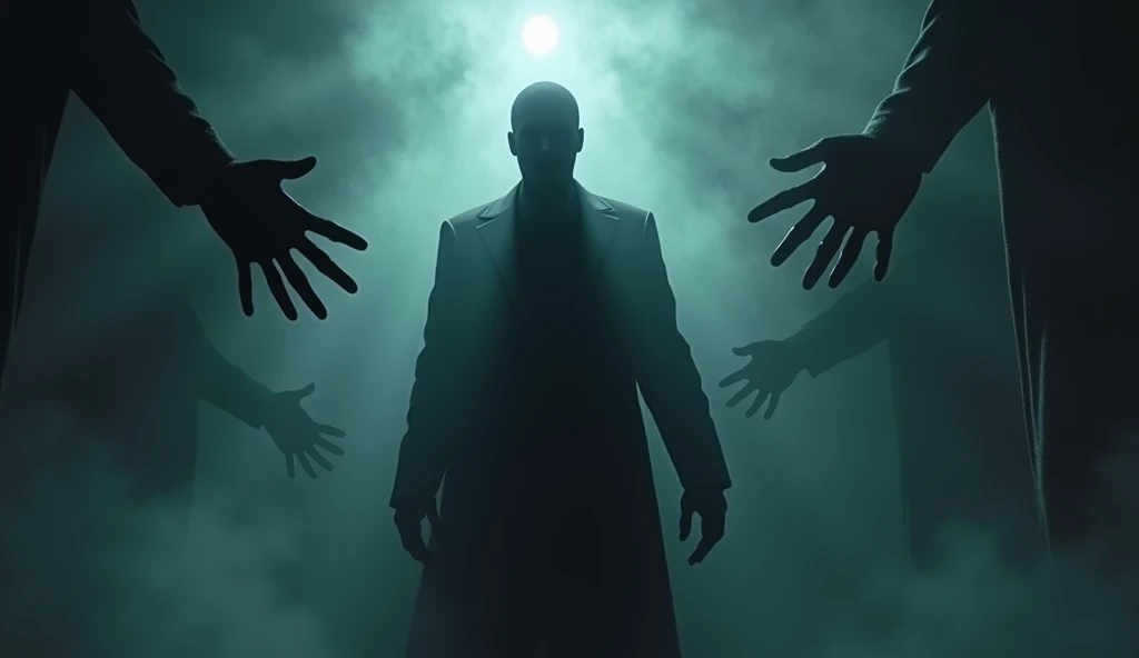 Visual of a figure standing in the foreground, with shadowy hands ...