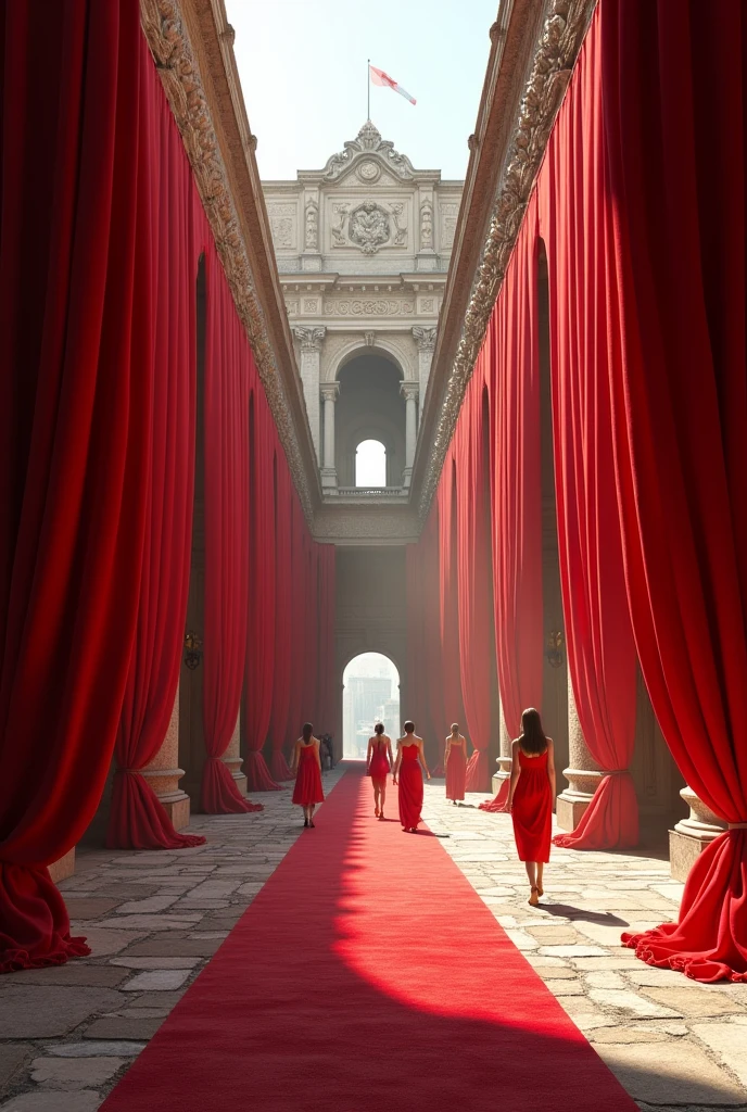 Create the image of a fashion runway, in the center of the coliseum ...