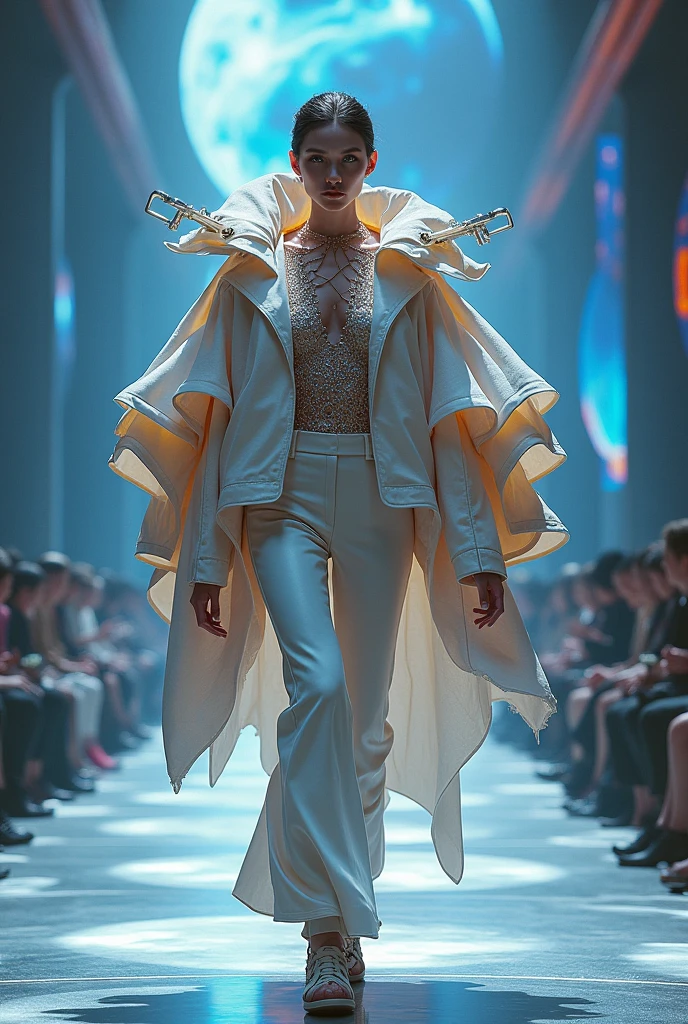 Create me a look of oversized clothing worn by a model during a fashion ...