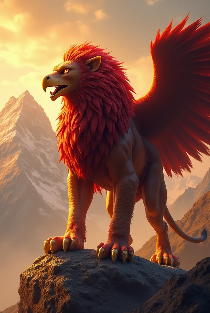 Lion and eagle mix the body in red eyes and golden mountain background ...