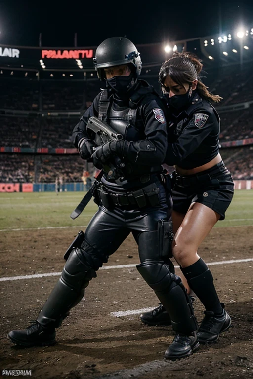 Arafed woman in black uniform holding a baseball bat next to a man in a ...