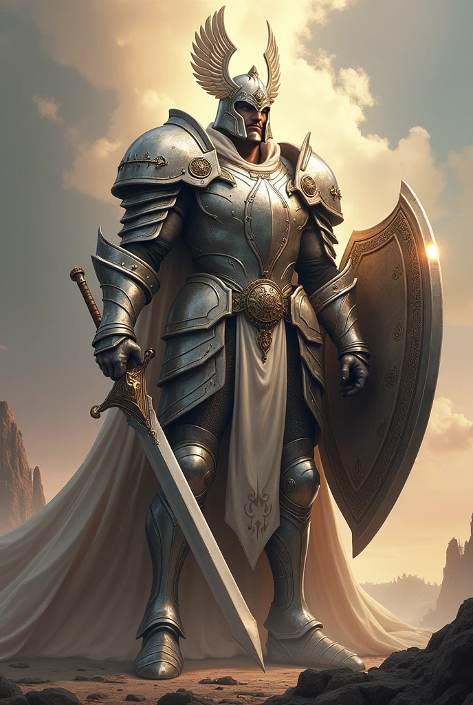 A tall strong male paladin wearing silver armor,a sacred shield a ...