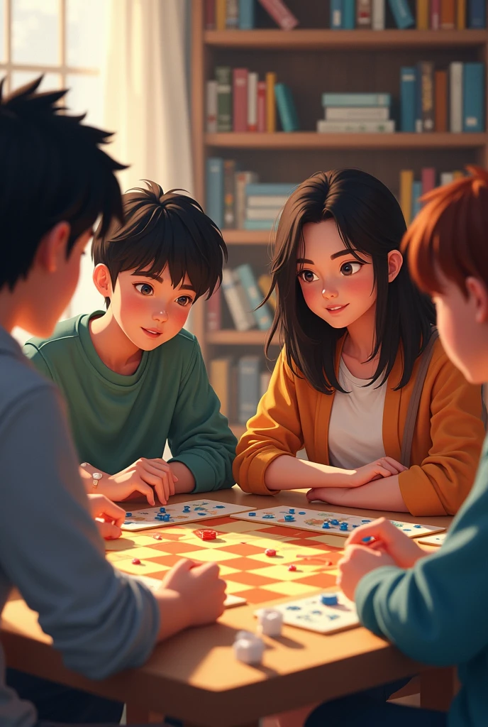 Draw a picture of a group of students playing a board game with simple ...