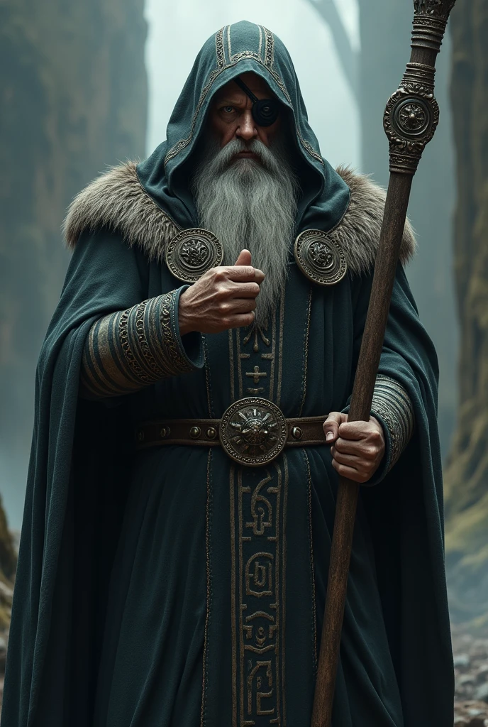 Odin with hood eyepatch and staff - SeaArt AI