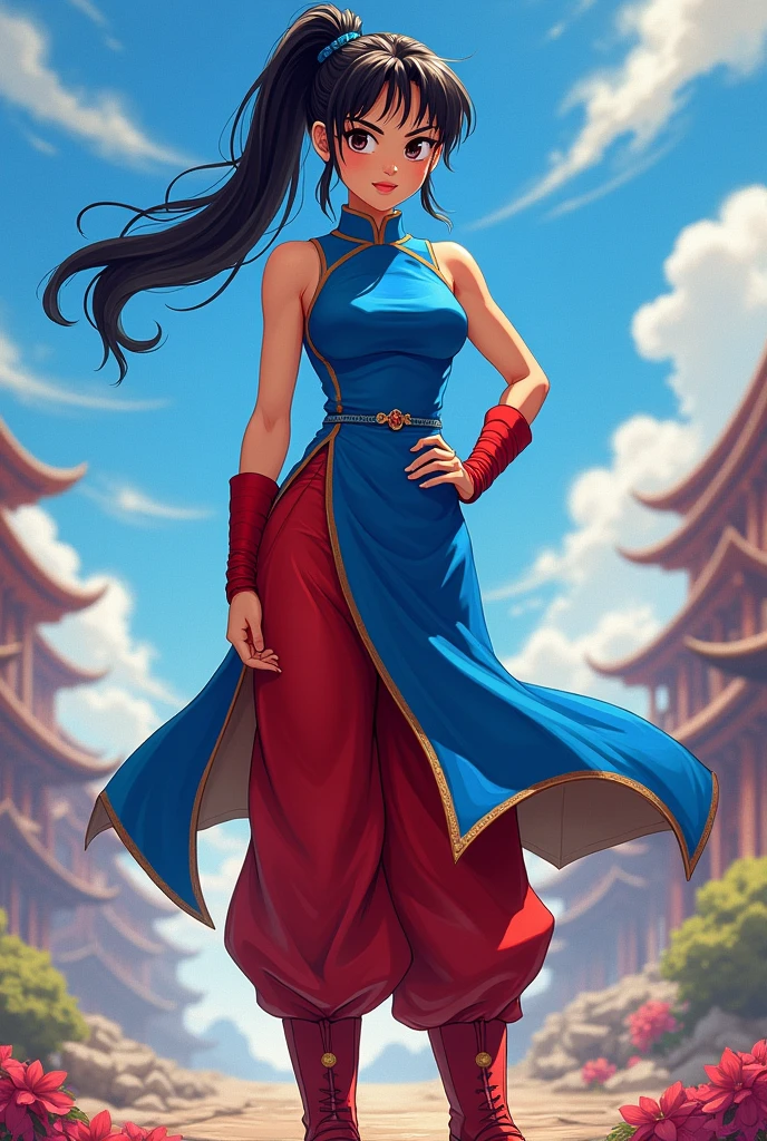 Anime dragonball z chichi wearing her blue sleeveless cheongsam dress ...
