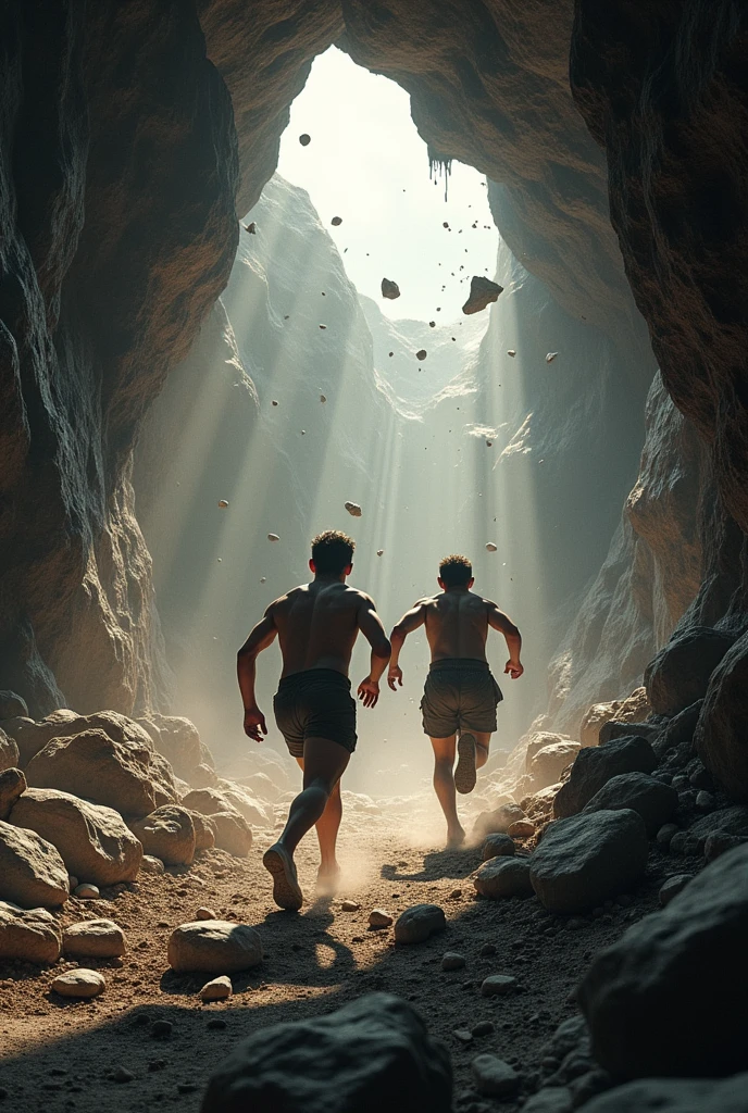 Visual Prompt: Suddenly, the cave starts shaking violently. Rocks fall ...
