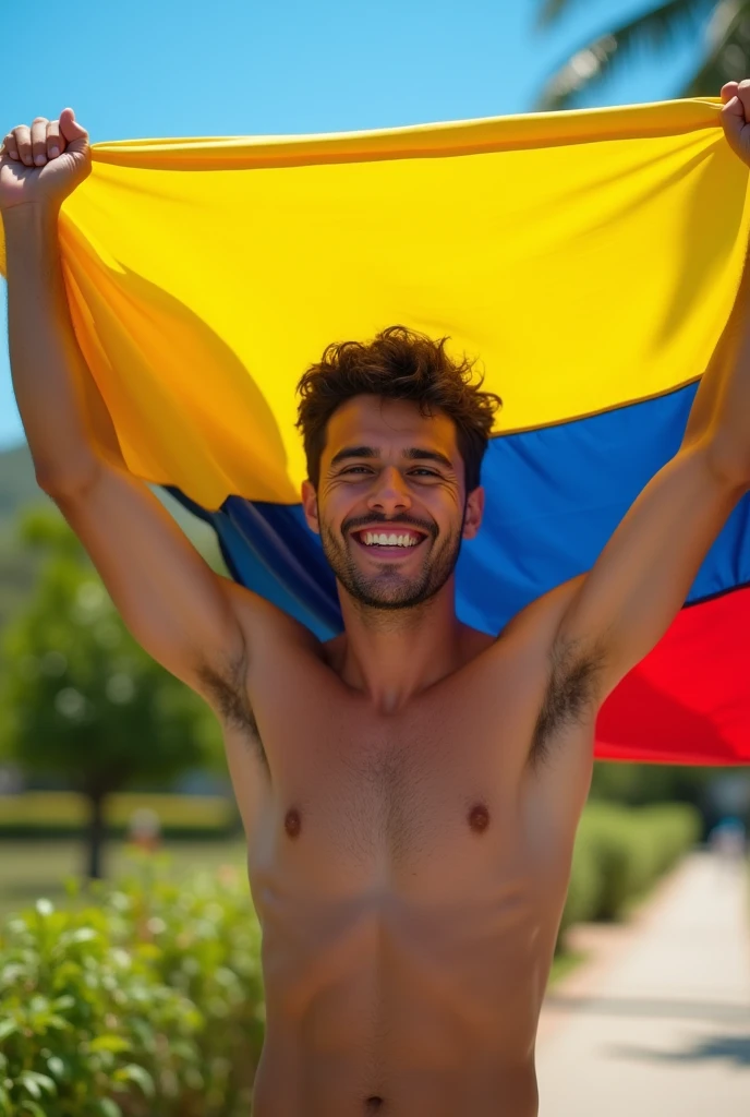 Photo of handsome Colombian man celebrating with the Colombian flag in ...