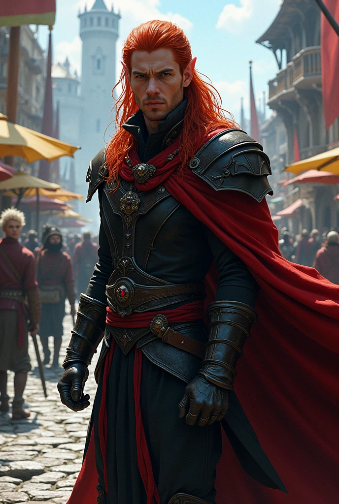 Male elf with red hair, black killer cloak, with a red cape, in the ...
