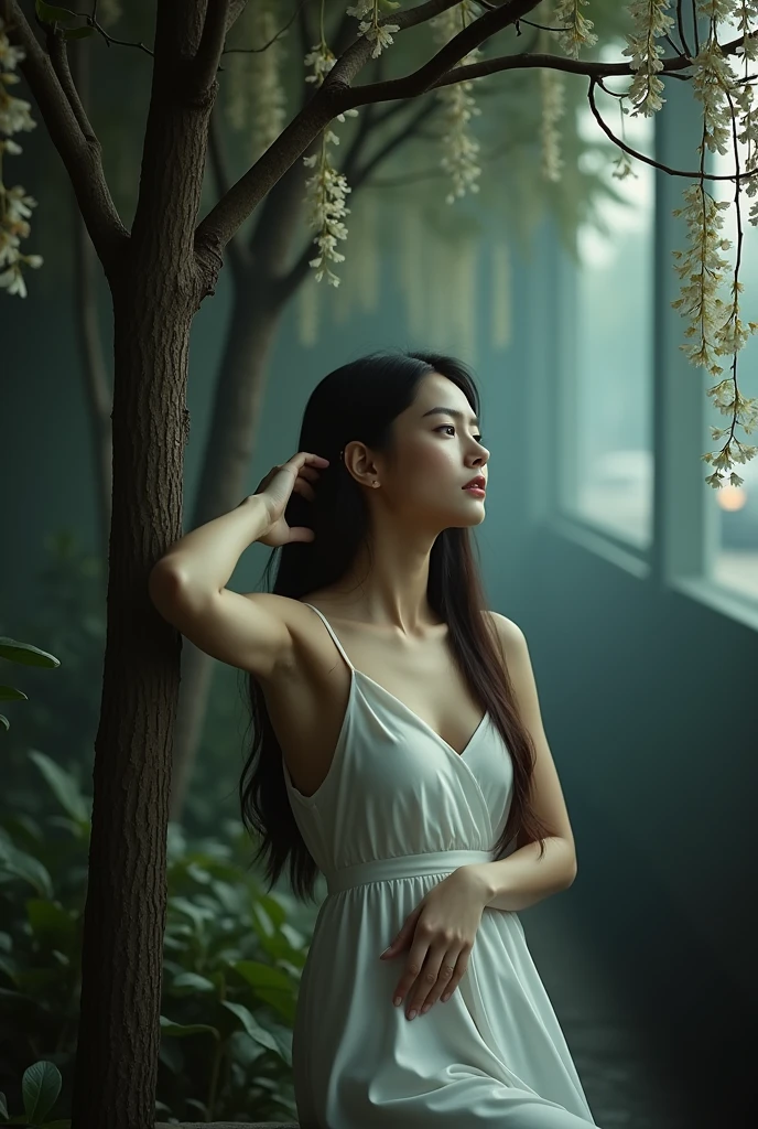 posing elegantly, long straight hair, sleeveless white dress - SeaArt AI