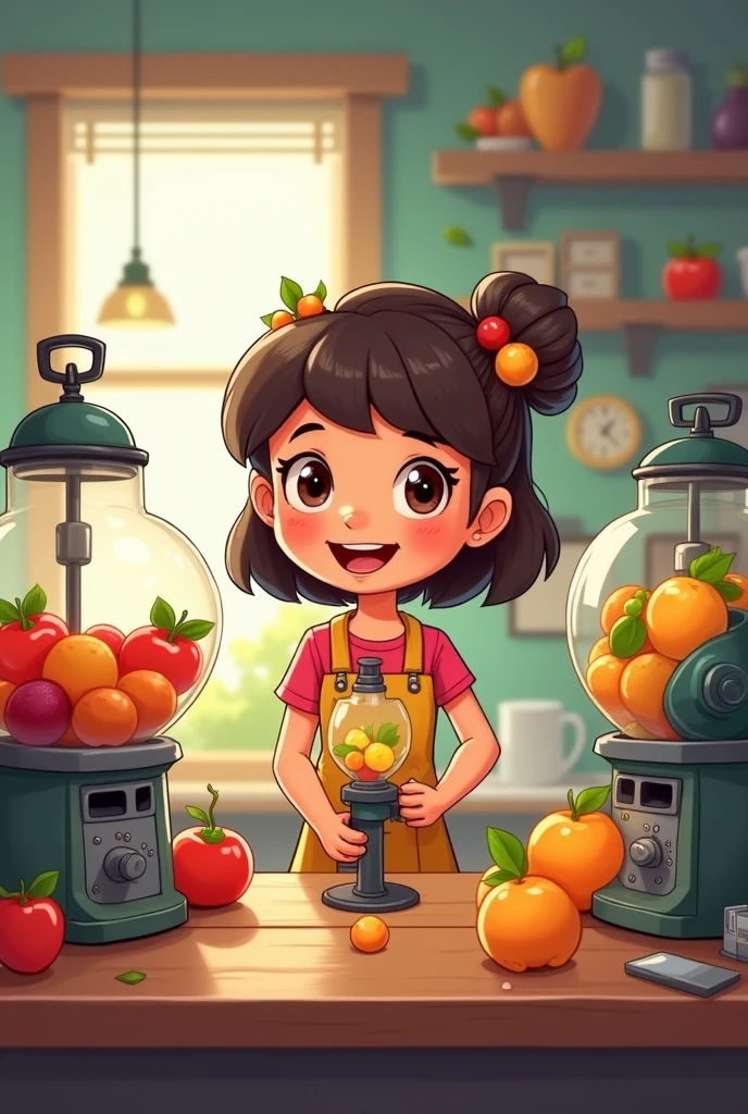Cartoon girl making machines that dispense live fruit - SeaArt AI