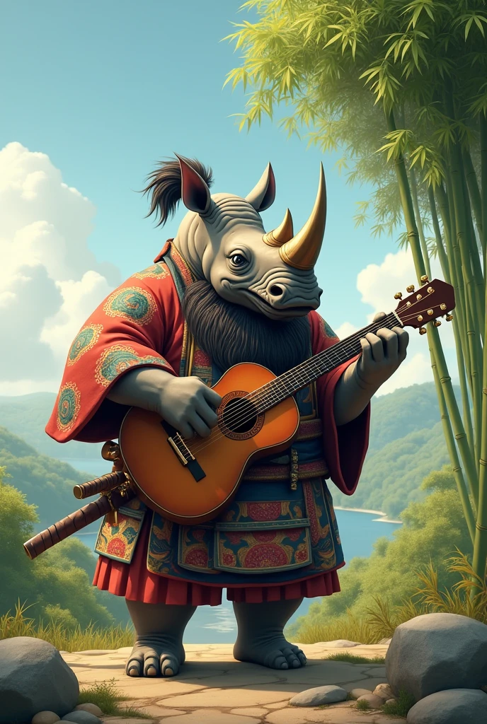 A fat rhino, with hair bun bearded samurai playing guitar - SeaArt AI