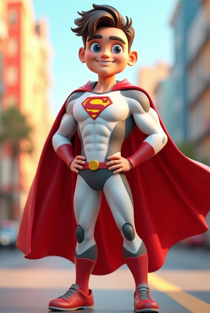 I want a 3D superhero website mascot with a red cape, clothes white and ...