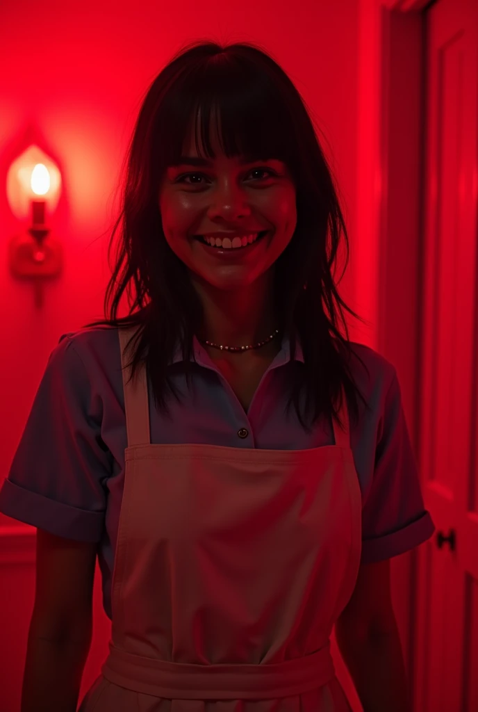 A waitress in her 30s with black hair, dressed in standard waitress ...
