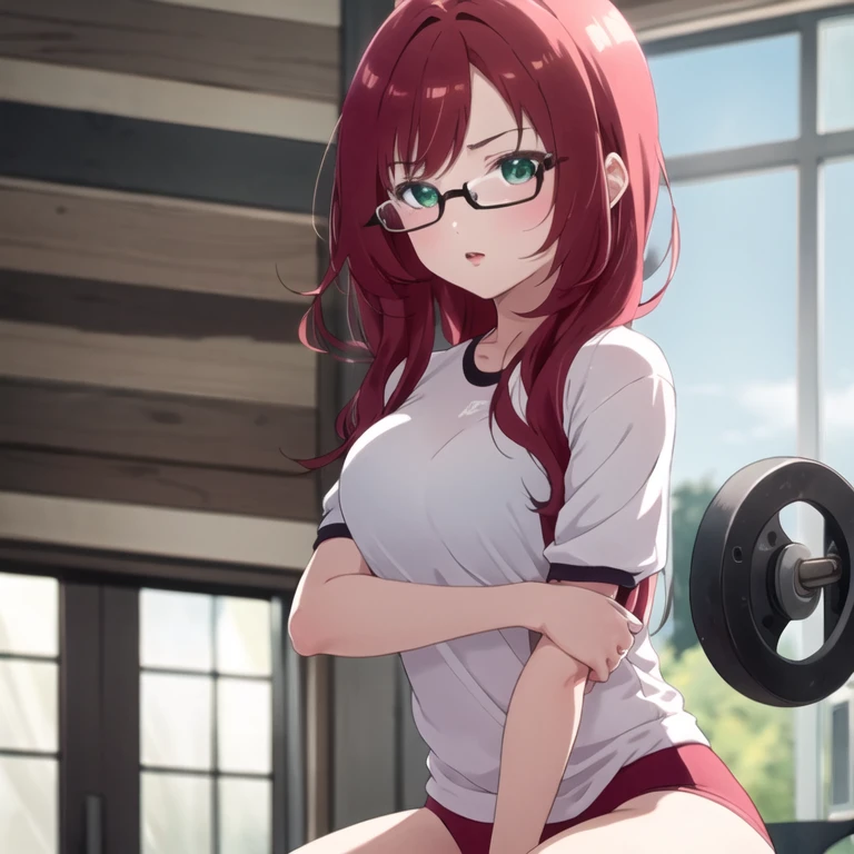 1 girl,Red hair, Glasses, by the wide, hits, green eyes, gym uniform ...