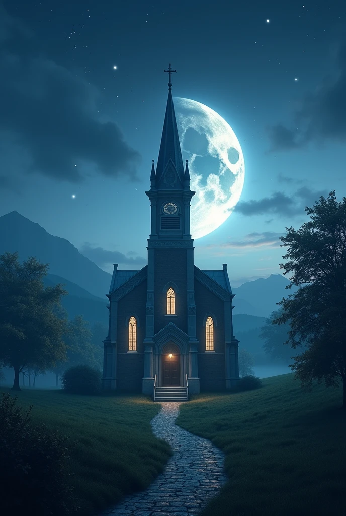 The moon rising over a church - SeaArt AI