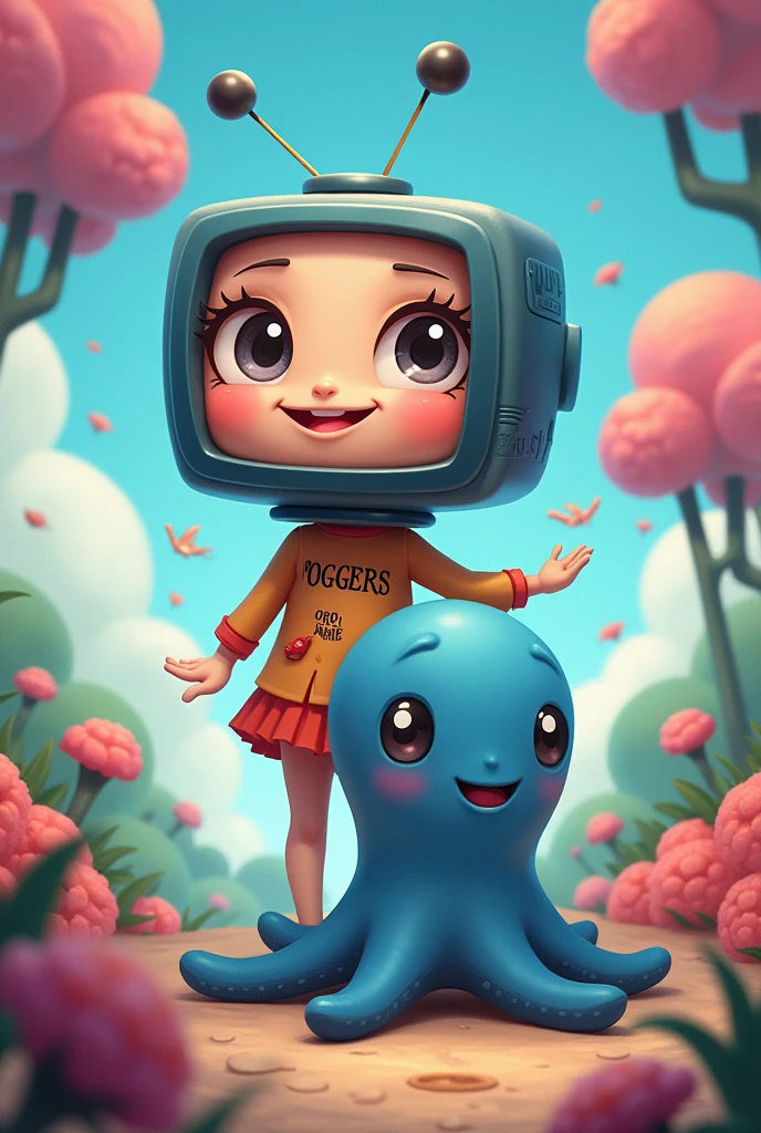 A cute female with tv head and a cute blue octopus with text written on ...