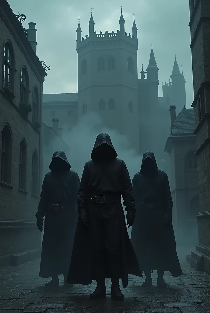 The three thieves are in the foreground of a dark castle - SeaArt AI