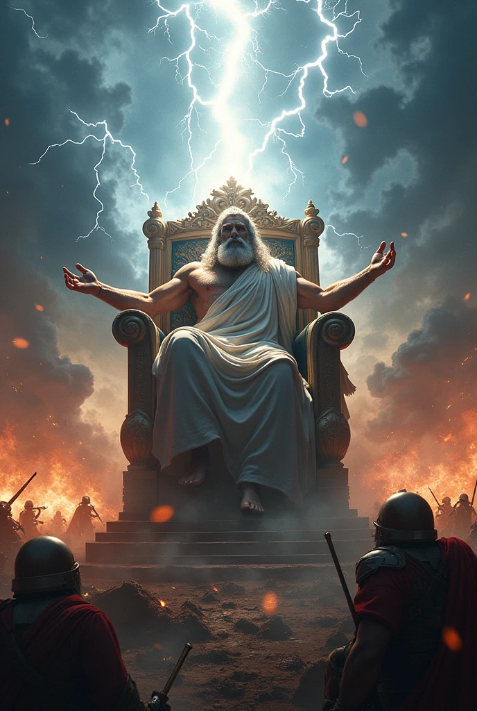 Zeus, in the center of the battle, launches powerful lightning bolts ...