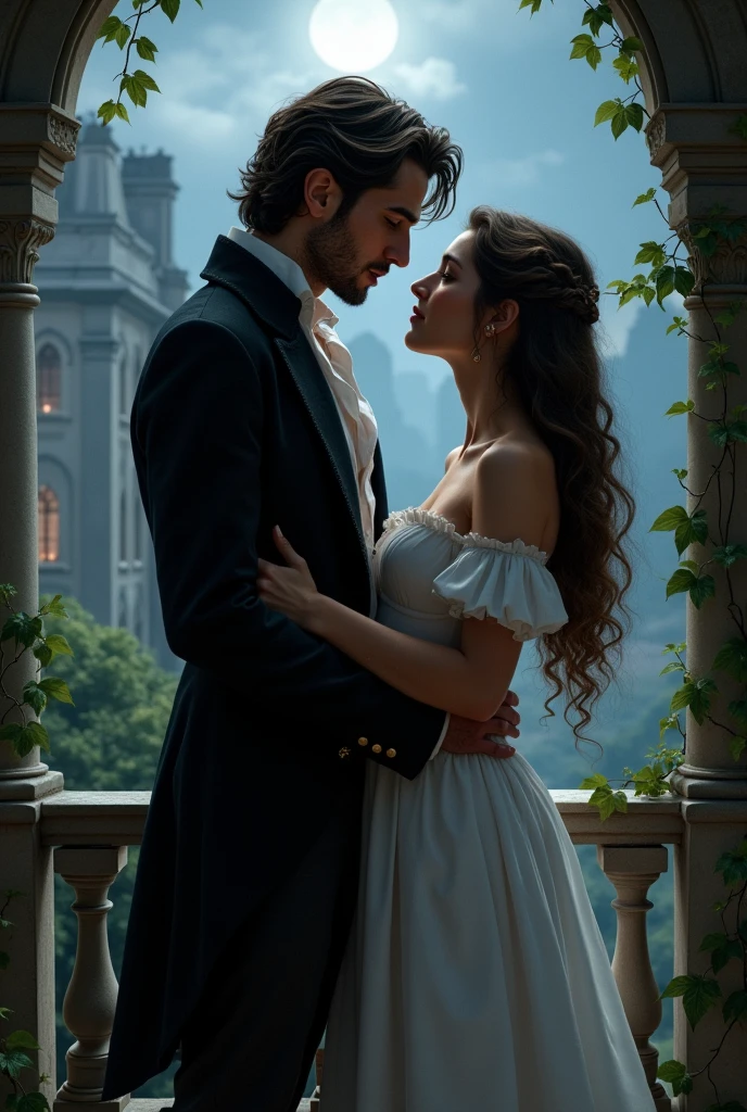 Juliet Capulet and Romeo Montague in a black suit and open white shirt talking f - SeaArt AI